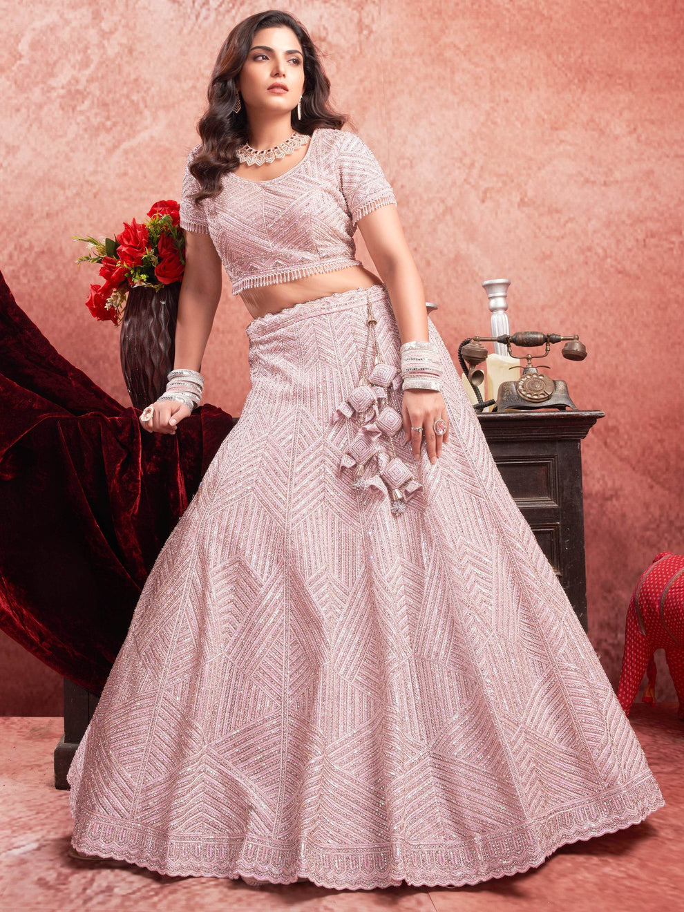Adorable Baby Pink Sequins Work Net Engagement Wear Lehenga Choli ...