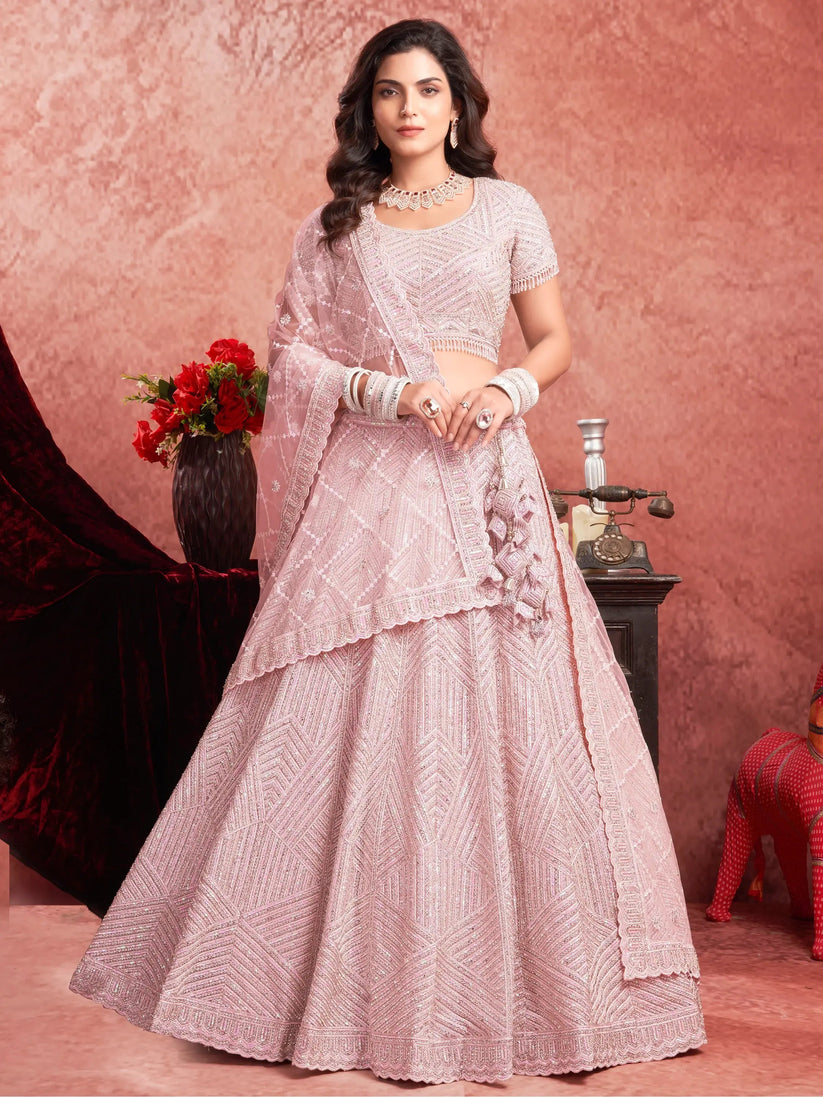 Adorable Baby Pink Sequins Work Net Engagement Wear Lehenga Choli ...