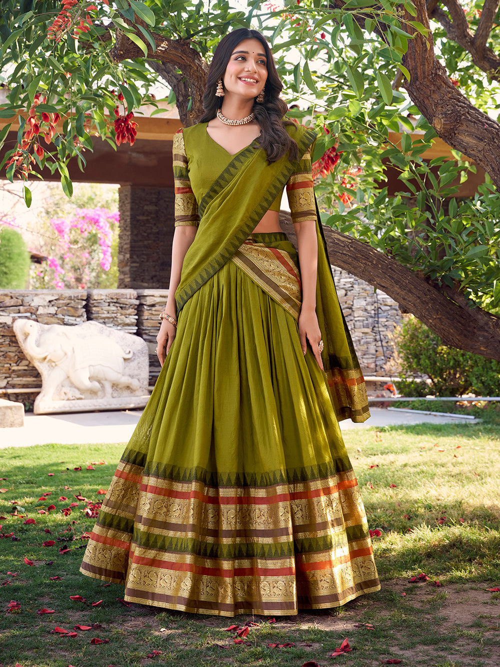Mehandi Color Plain With Zari Weaving Work Chanderi Silk Lehenga Choli ...